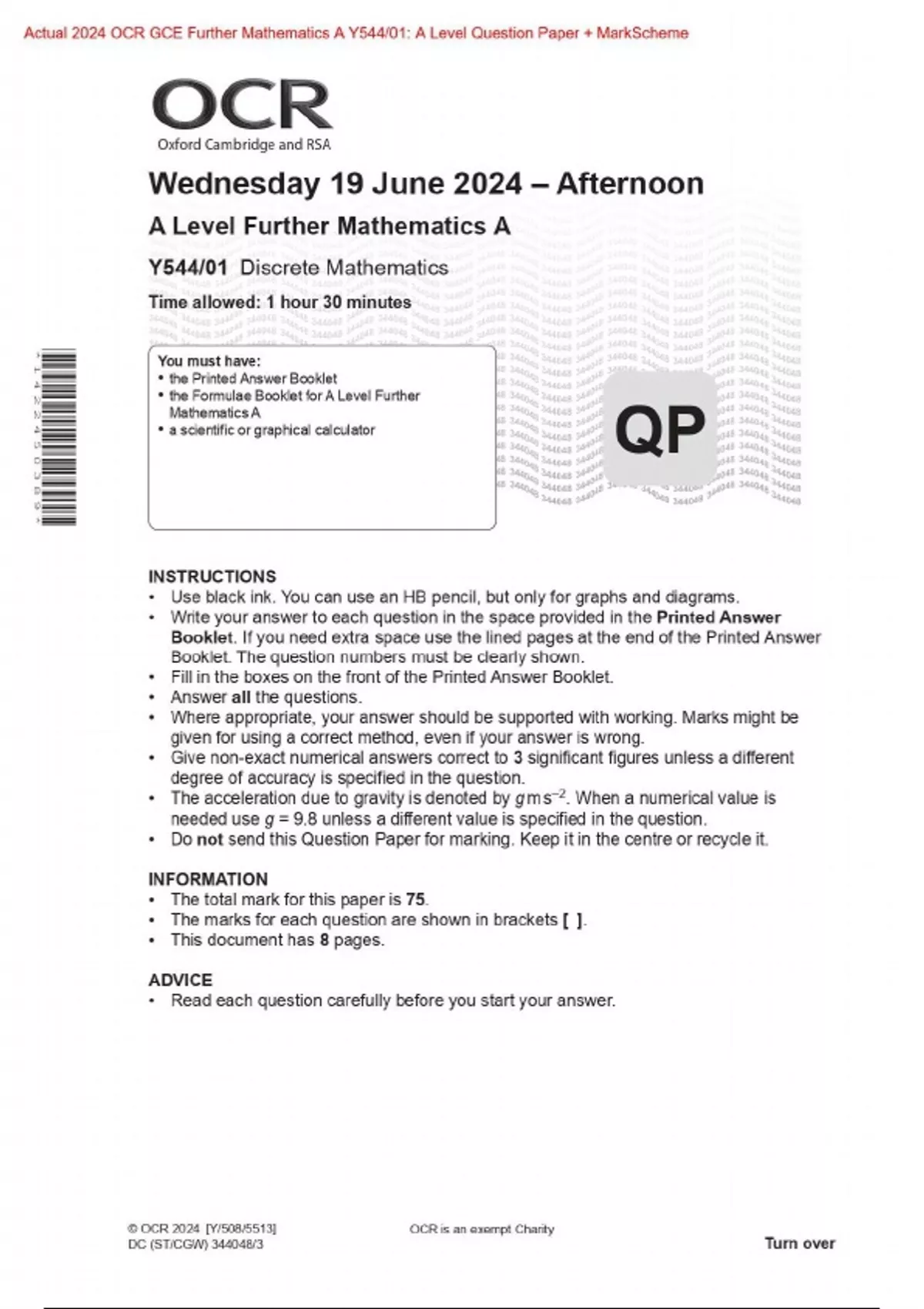 Actual 2024 OCR GCE Further Mathematics A Y544/01: Discrete Mathematics ...