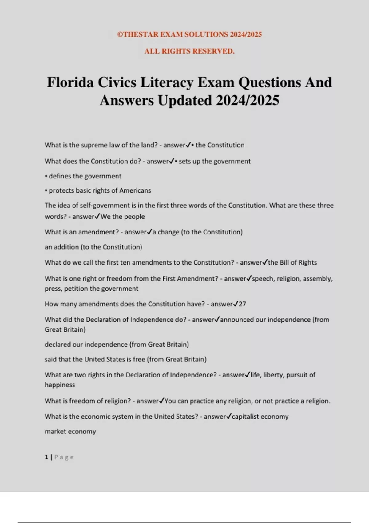 Florida Civics Literacy Exam Questions And Answers Updated 2024/2025 ...
