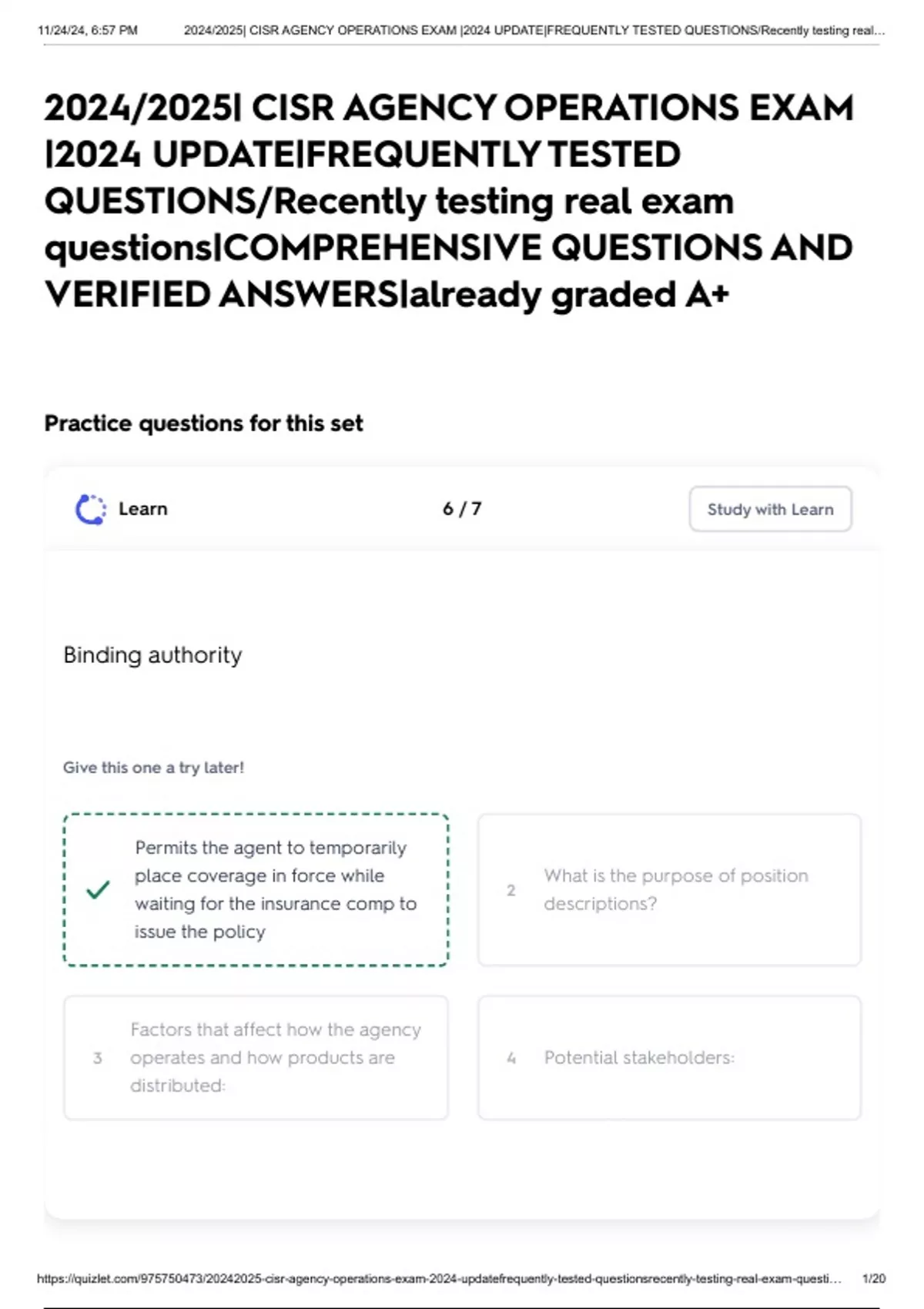 2024/2025| CISR AGENCY OPERATIONS EXAM |2024 UPDATE|FREQUENTLY TESTED ...