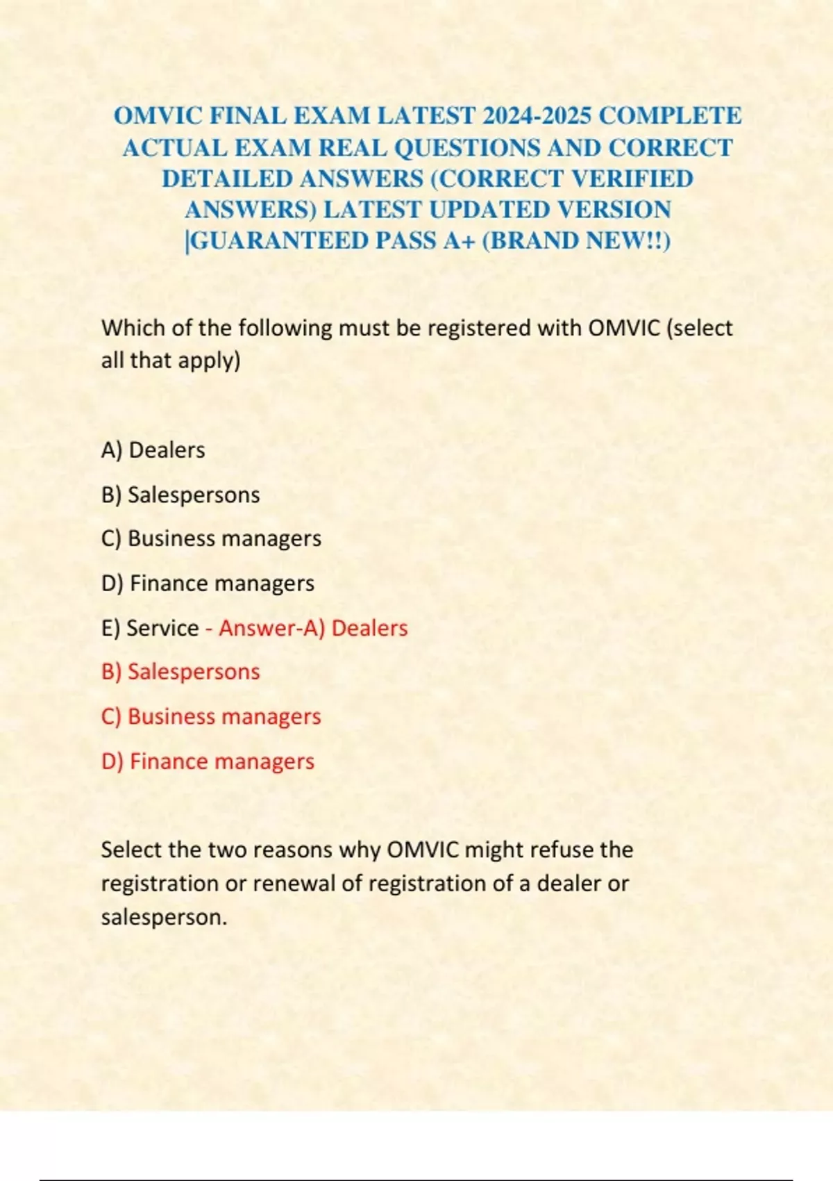 OMVIC FINAL EXAM LATEST COMPLETE ACTUAL EXAM REAL QUESTIONS AND CORRECT ...