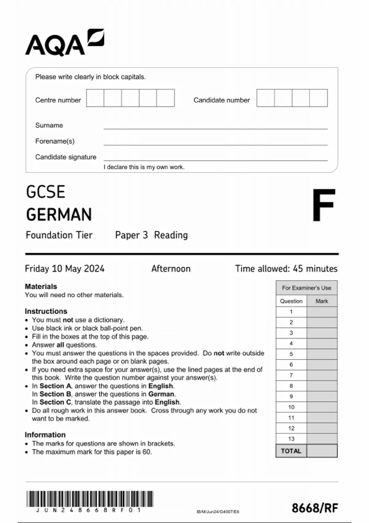 AQA GCSE GERMAN PAPER 3 QUESTION PAPER 2024 (8668/RF Foundation Tier ...