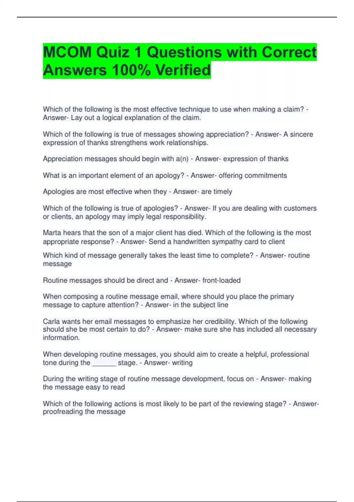 MCOM Quiz 1 Questions with Correct Answers 100% Verified - MCOM - Stuvia US