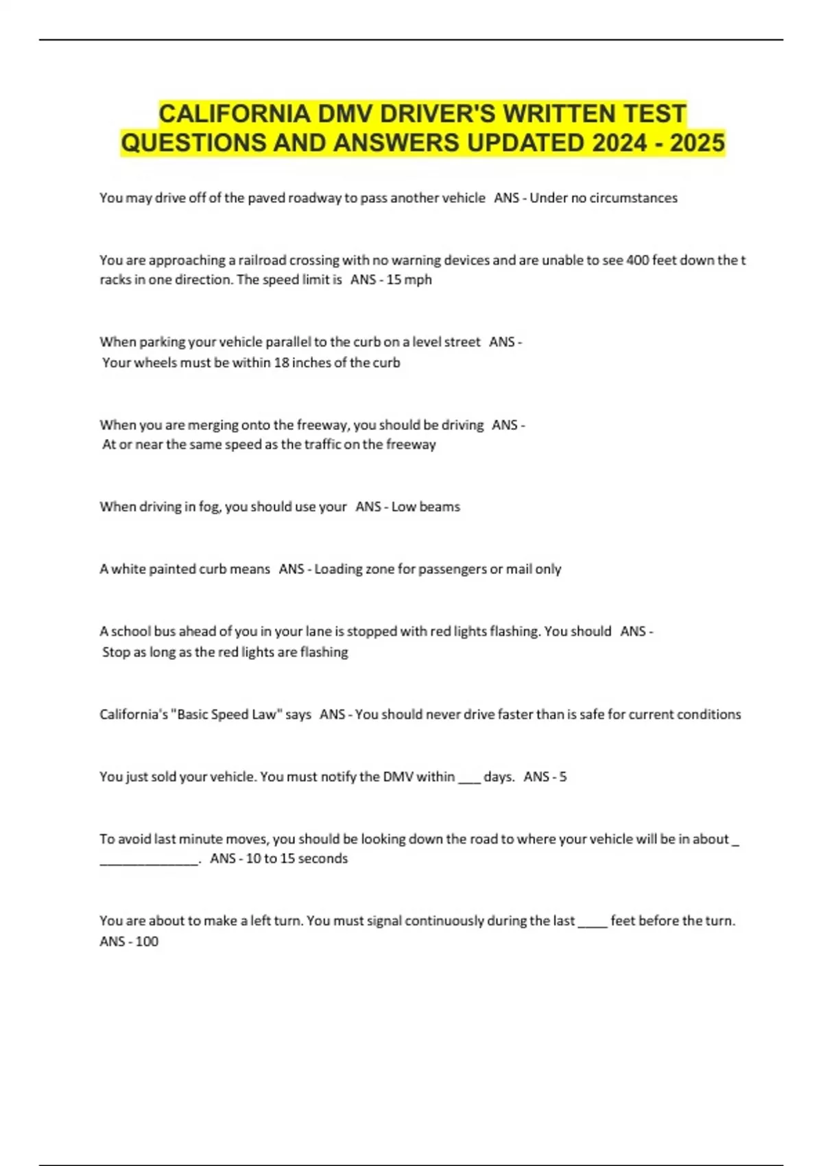 CALIFORNIA DMV DRIVER'S WRITTEN TEST QUESTIONS AND ANSWERS UPDATED ...