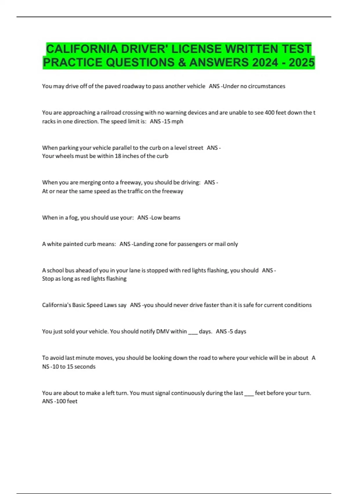 CALIFORNIA DRIVER' LICENSE WRITTEN TEST PRACTICE QUESTIONS & ANSWERS ...