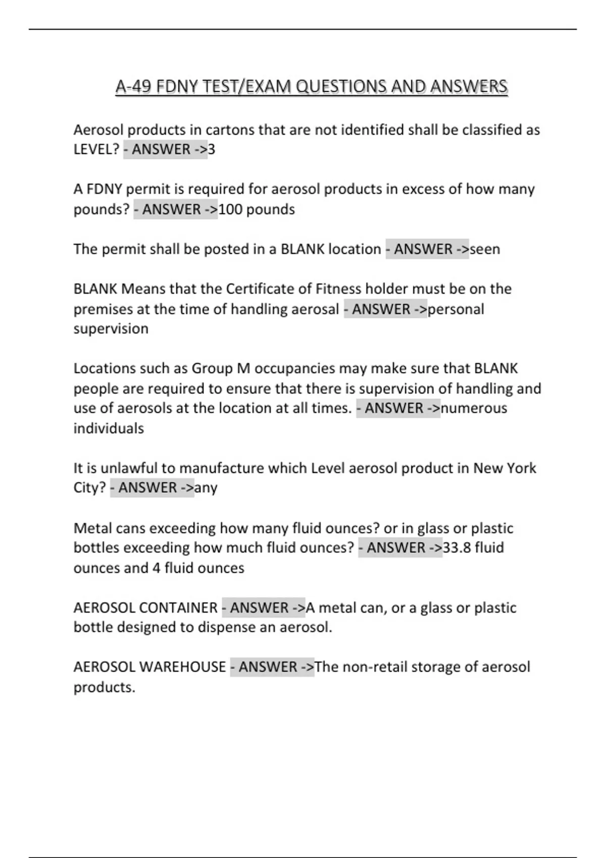 A-49 FDNY TEST/EXAM QUESTIONS AND ANSWERS - Nursing - Stuvia US