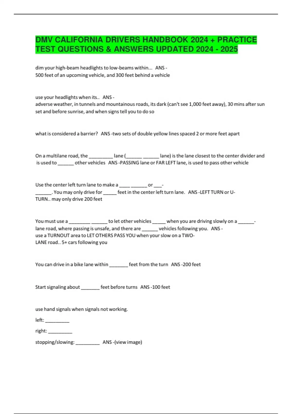 DMV CALIFORNIA DRIVERS HANDBOOK 2024 + PRACTICE TEST QUESTIONS ...