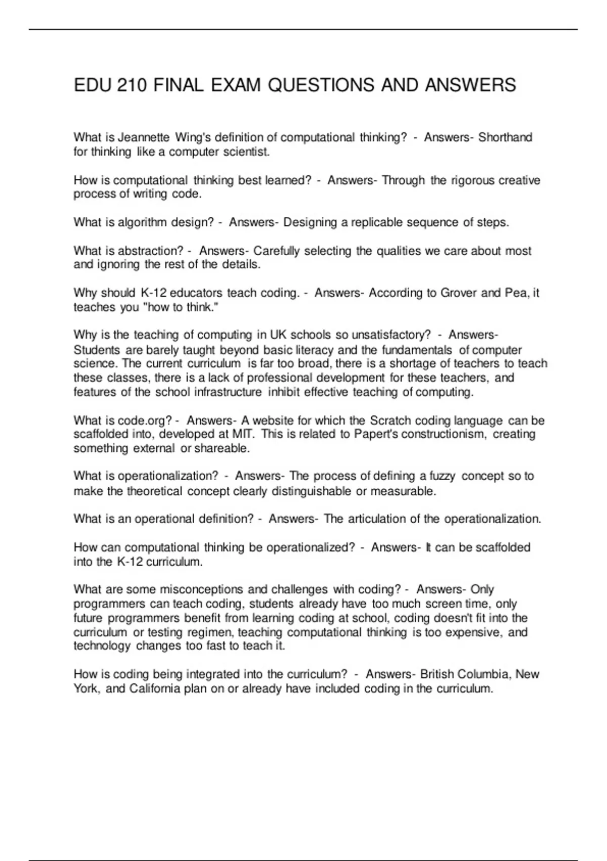 EDU 210 FINAL EXAM QUESTIONS AND ANSWERS 2024 - EDU 210 - Stuvia US