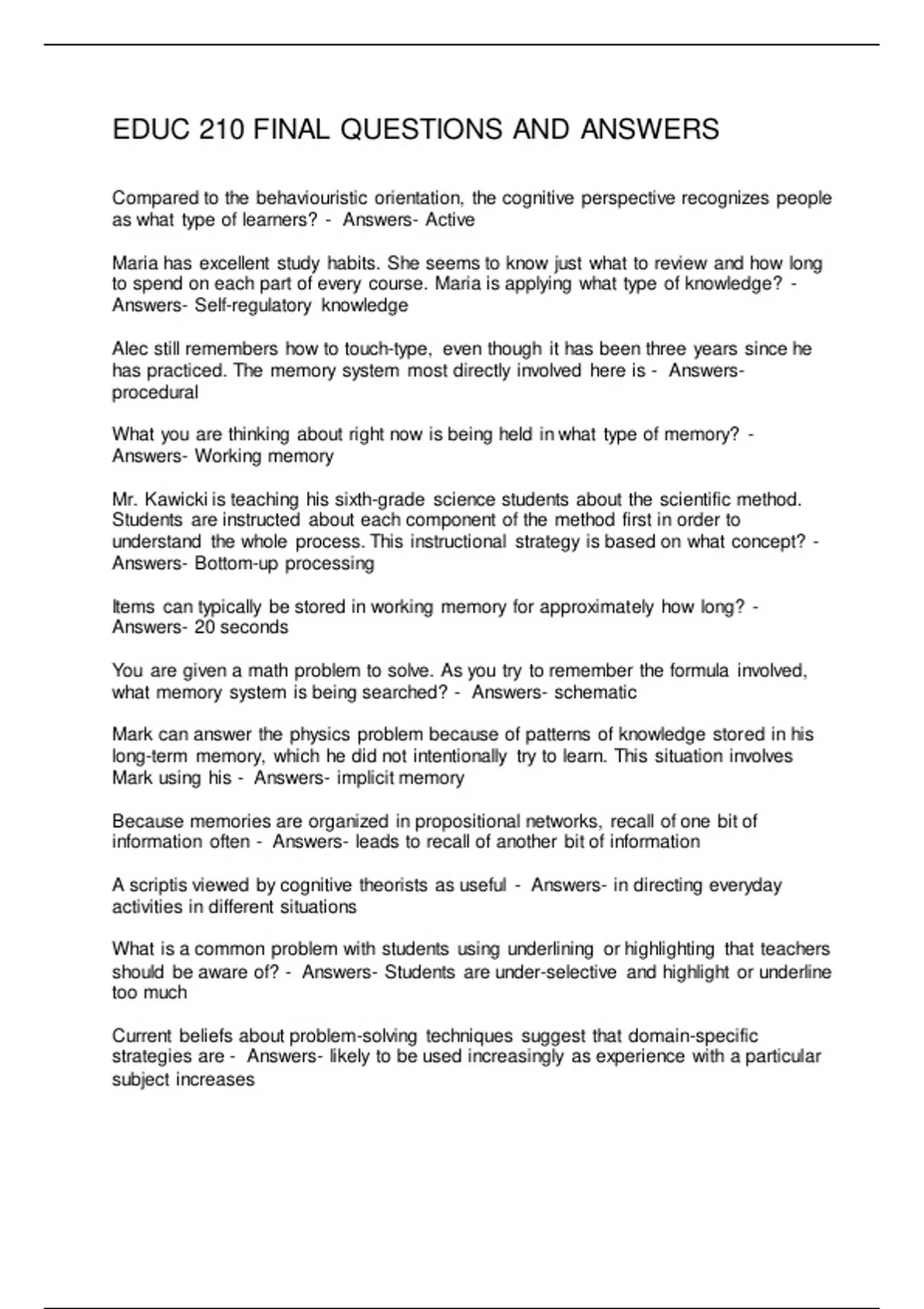 EDUC 210 FINAL QUESTIONS AND ANSWERS 2024/2025 - EDU 210 - Stuvia US