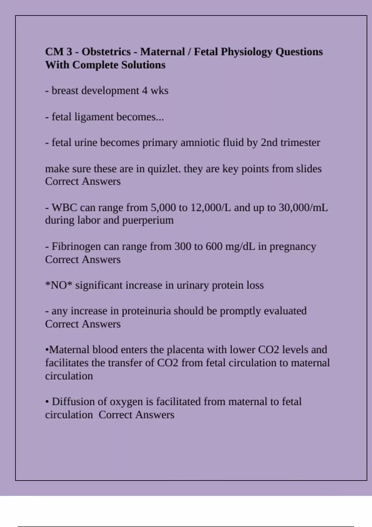 CM 3 - Obstetrics - Maternal / Fetal Physiology Questions With Complete ...