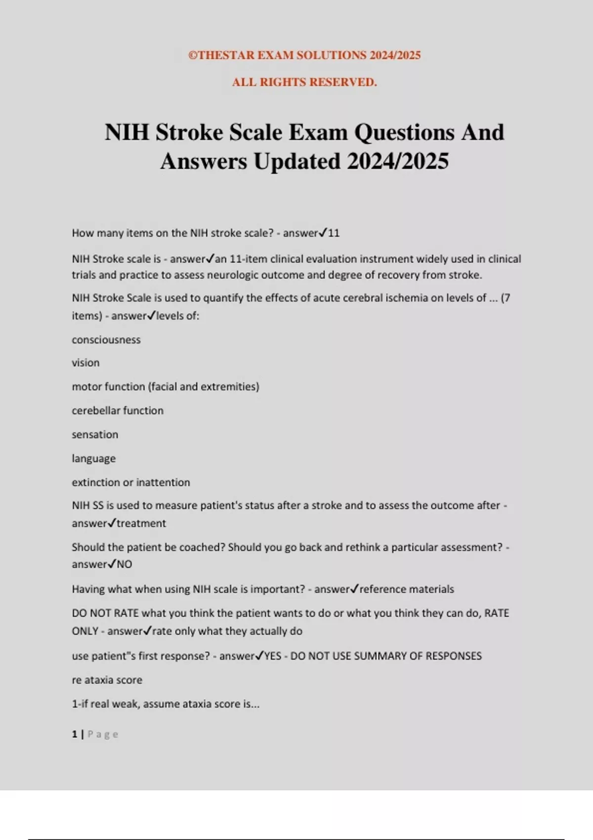 NIH Stroke Scale Exam Questions And Answers Updated 2024/2025 - NIH ...