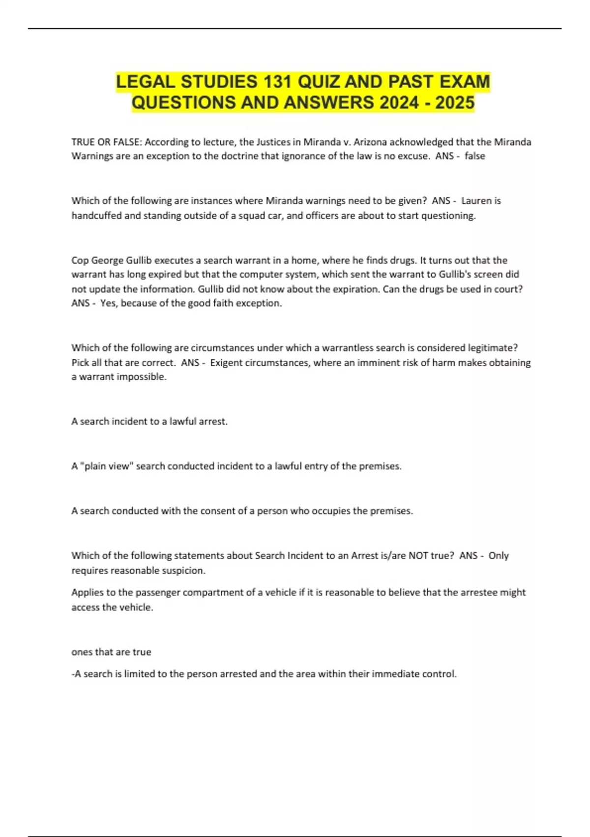 LEGAL STUDIES 131 QUIZ AND PAST EXAM QUESTIONS AND ANSWERS - SCCJA ...