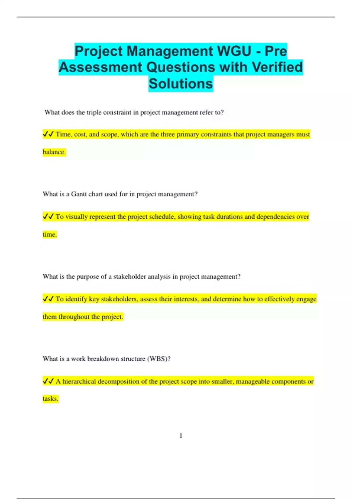 Project Management WGU - Pre Assessment Questions with Verified ...