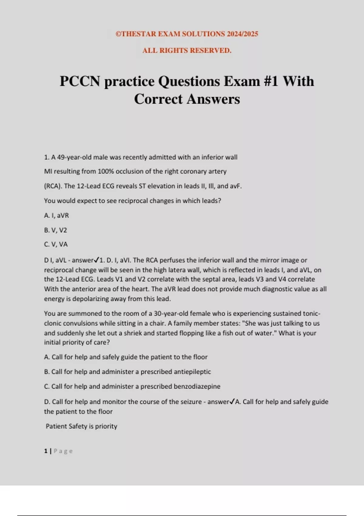PCCN practice Questions Exam #1 With Correct Answers - PCCN - Stuvia US