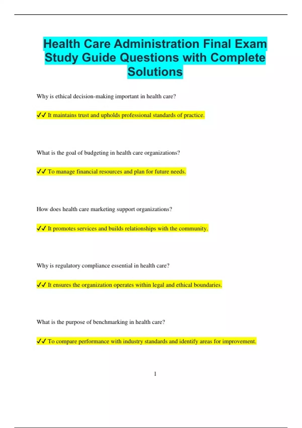 Health Care Administration Final Exam Study Guide Questions with ...