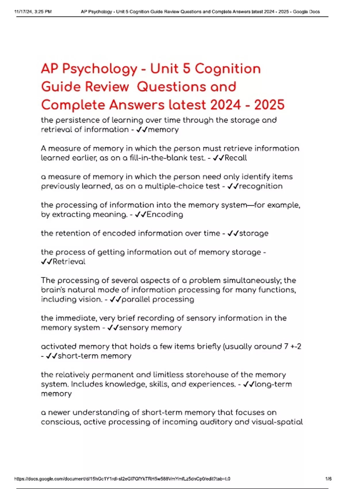 AP Psychology - Unit 5 Cognition Guide Review Questions and Complete ...