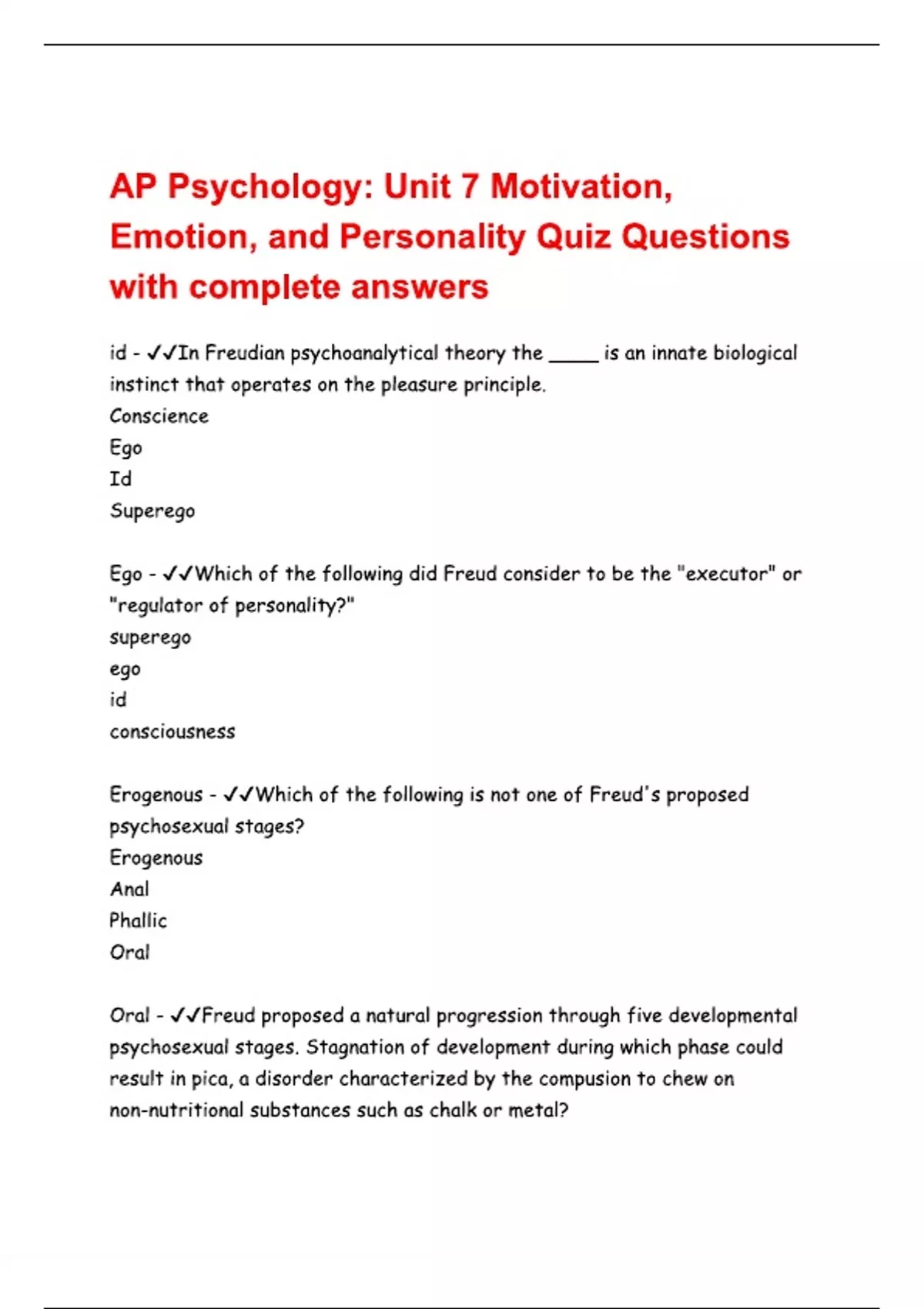 AP Psychology Unit 7 Motivation, Emotion, and Personality Quiz ...