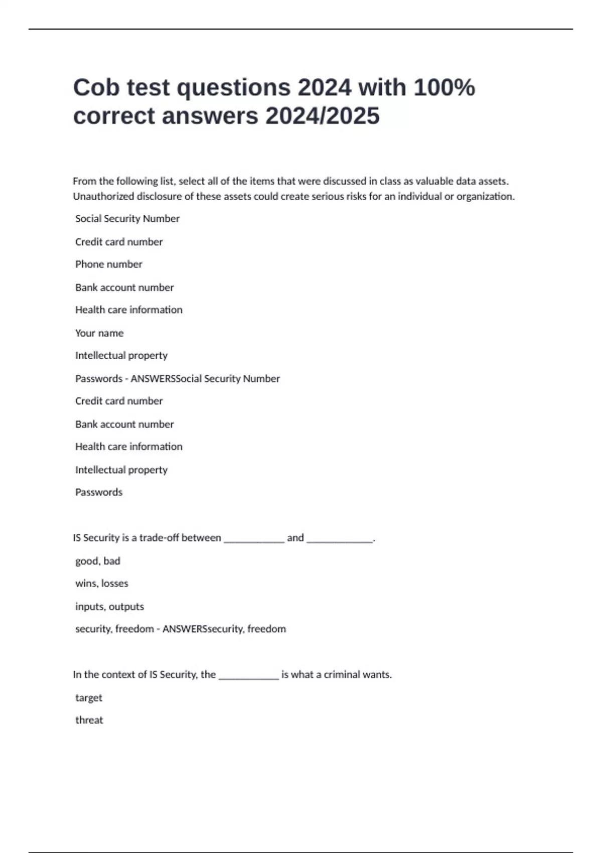 Cob test questions 2024 with 100% correct answers 2024/2025 - Cob ...
