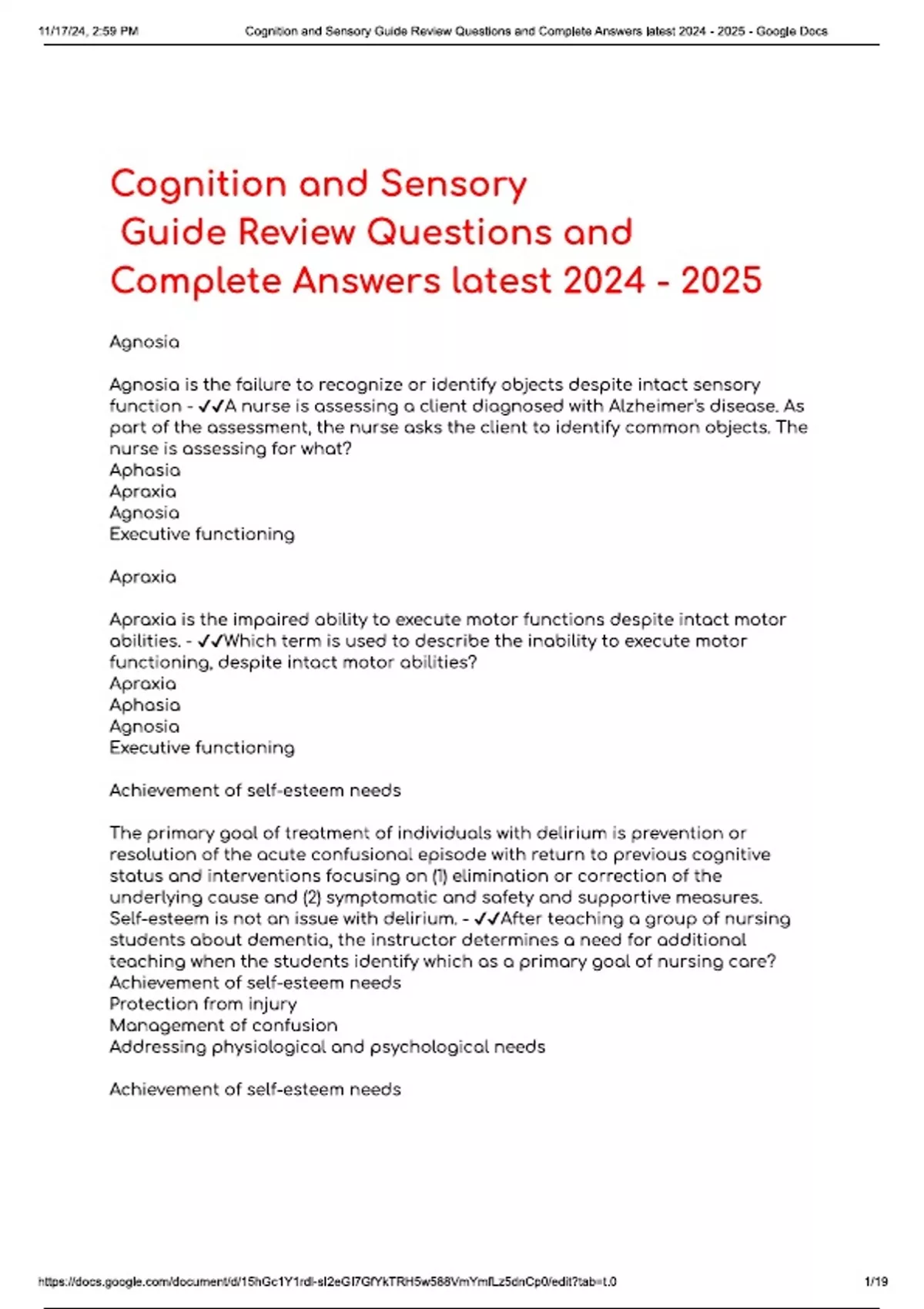 Cognition and Sensory Guide Review Questions and Complete Answers ...