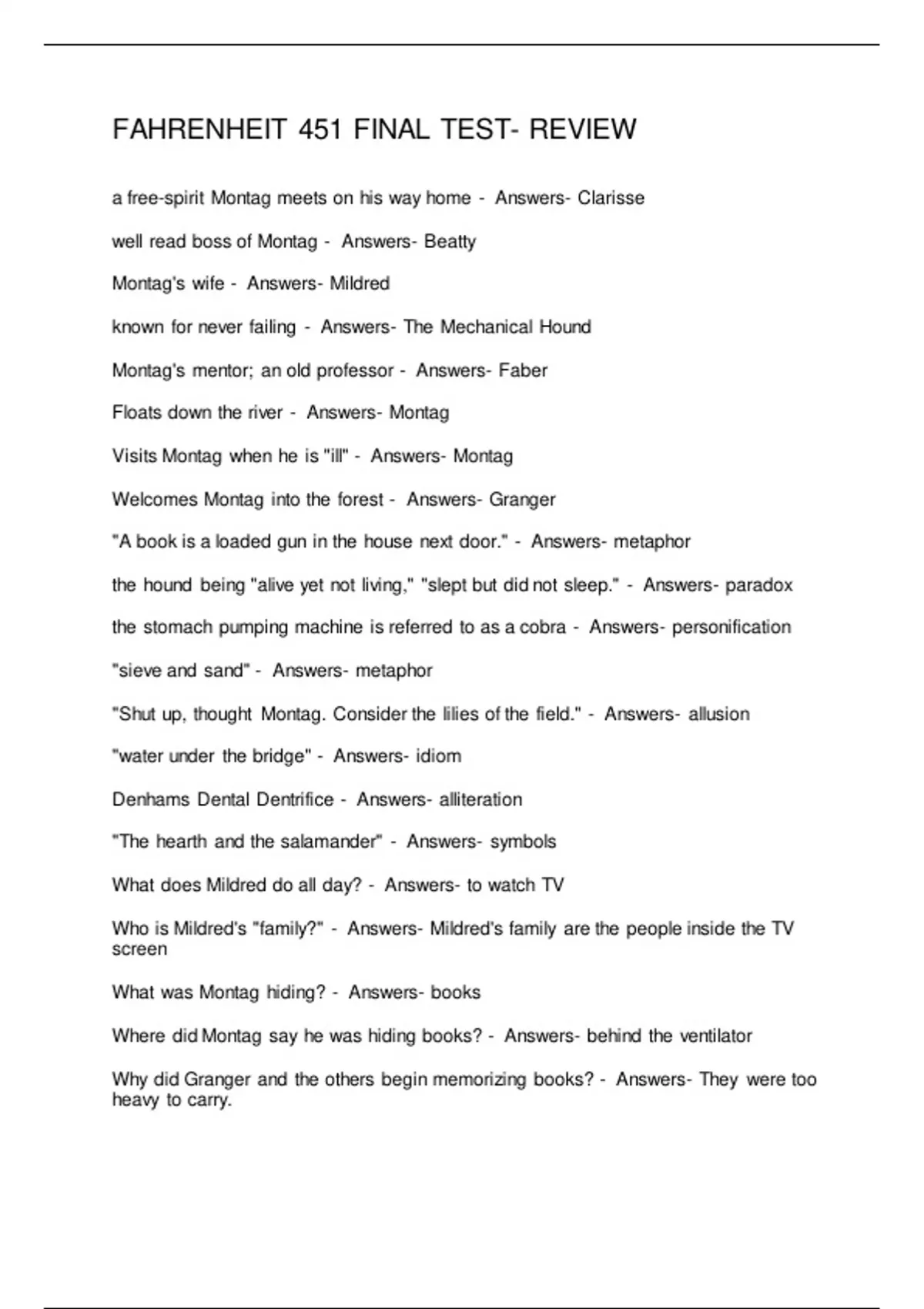 FAHRENHEIT 451 FINAL TEST- REVIEW - FAHRENHEIT 451 - Stuvia UK