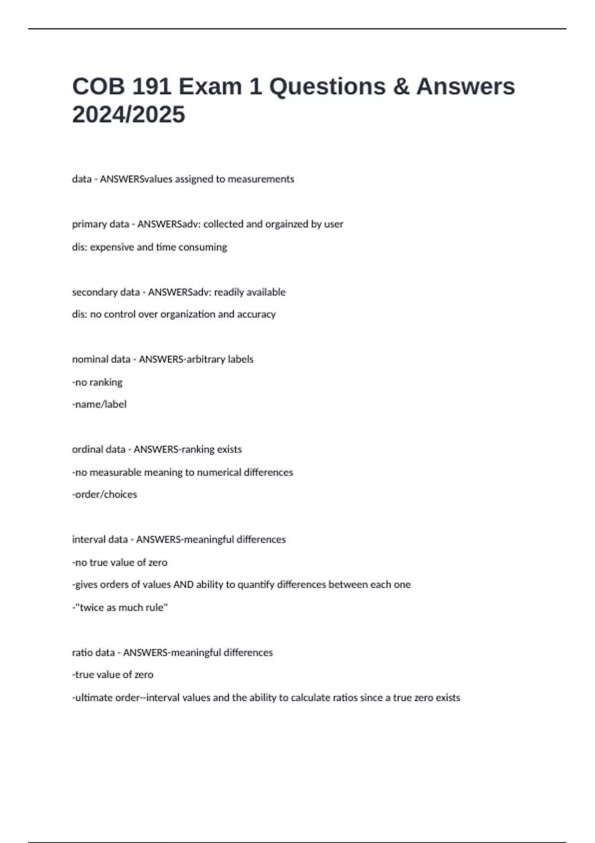 COB 191 Exam 1 Questions & Answers 2024/2025 - COB 191 - Stuvia US