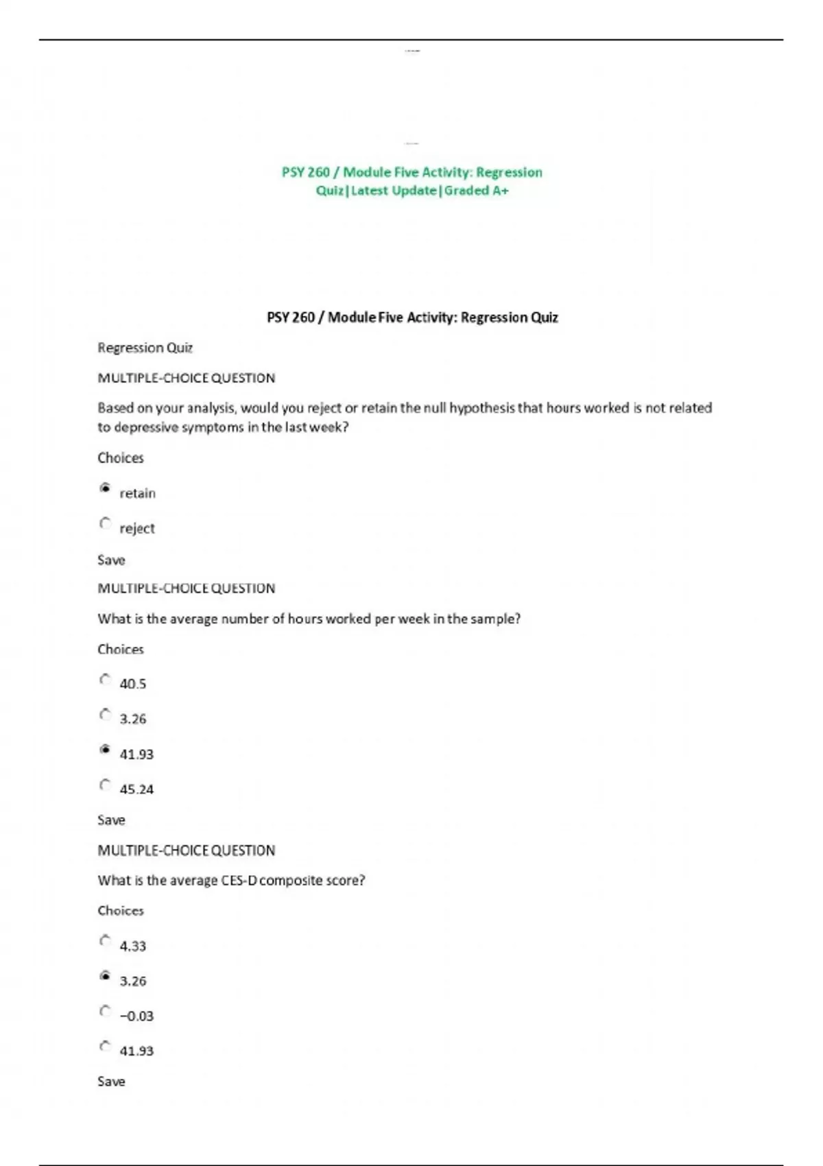 PSY 260 / Module Five Activity: Regression Quiz|Latest Update|Graded A+ ...