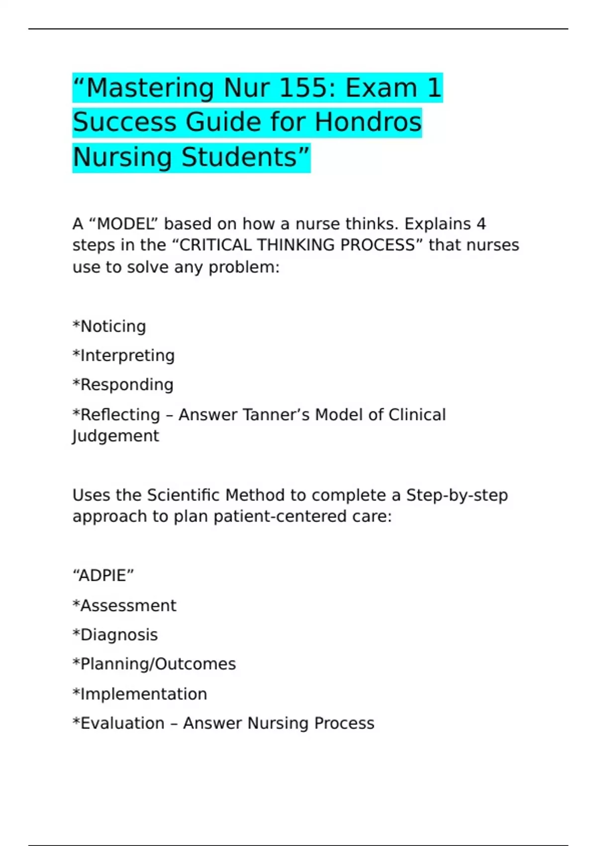 "Mastering Nur 155: Exam 1 Success Guide for Hondros Nursing Students ...
