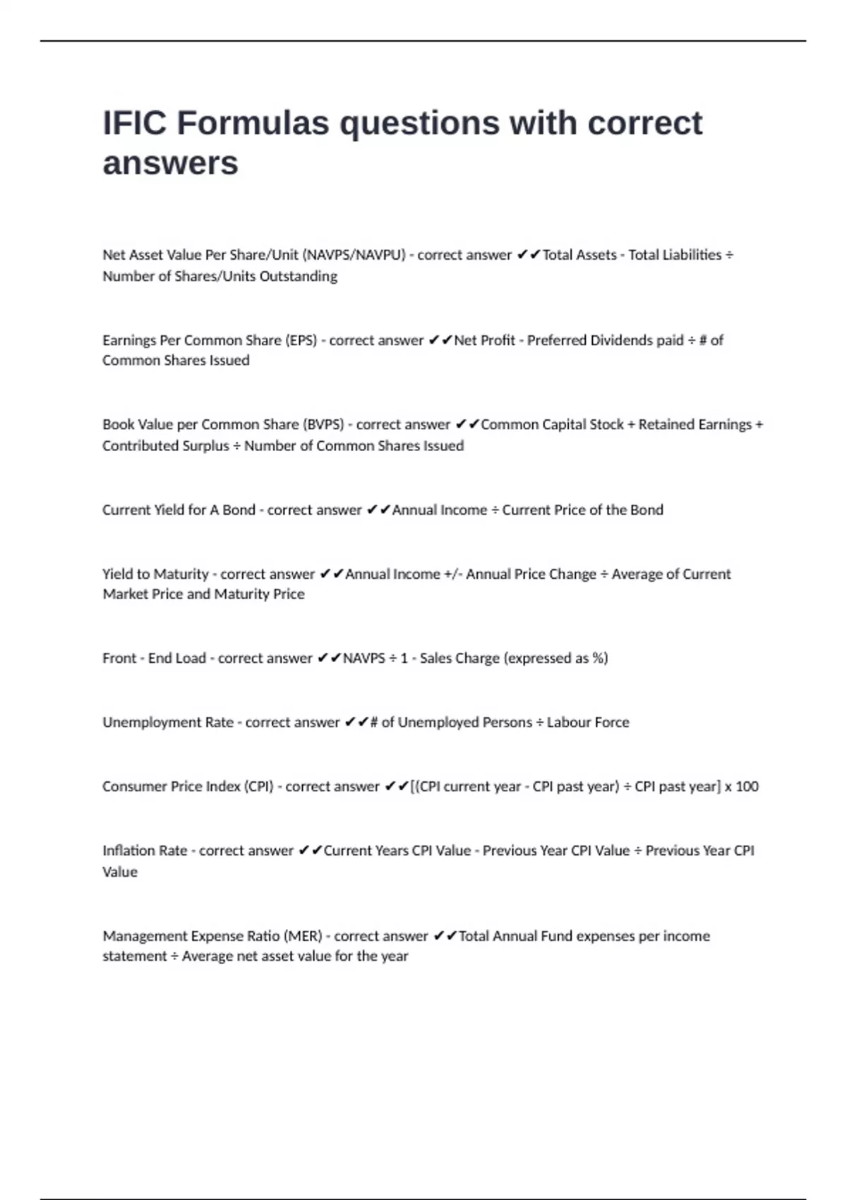 IFIC Formulas questions with correct answers - IFIC - Stuvia US