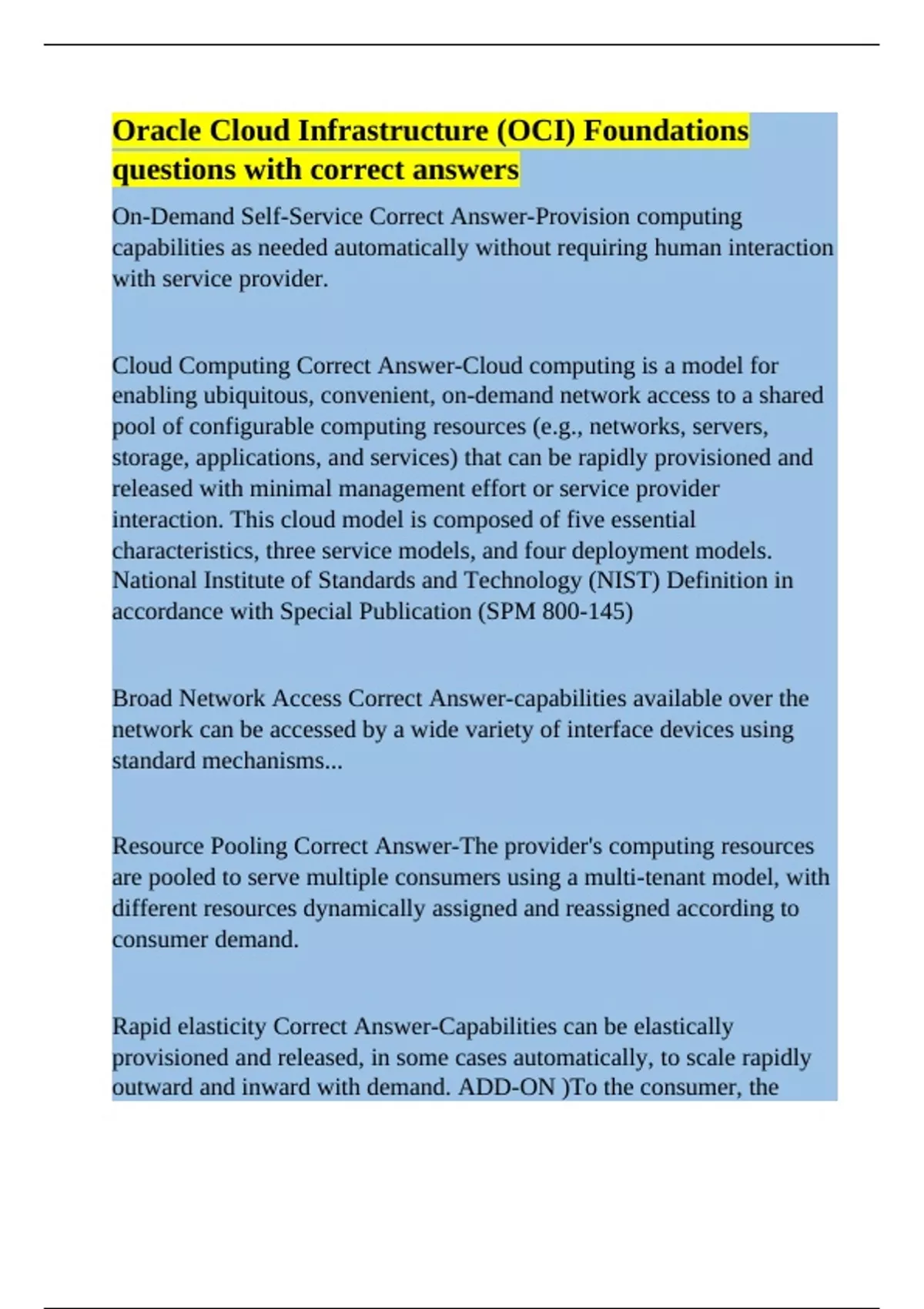 Oracle Cloud Infrastructure Oci Foundations Questions With Correct Answers Oca Oracle