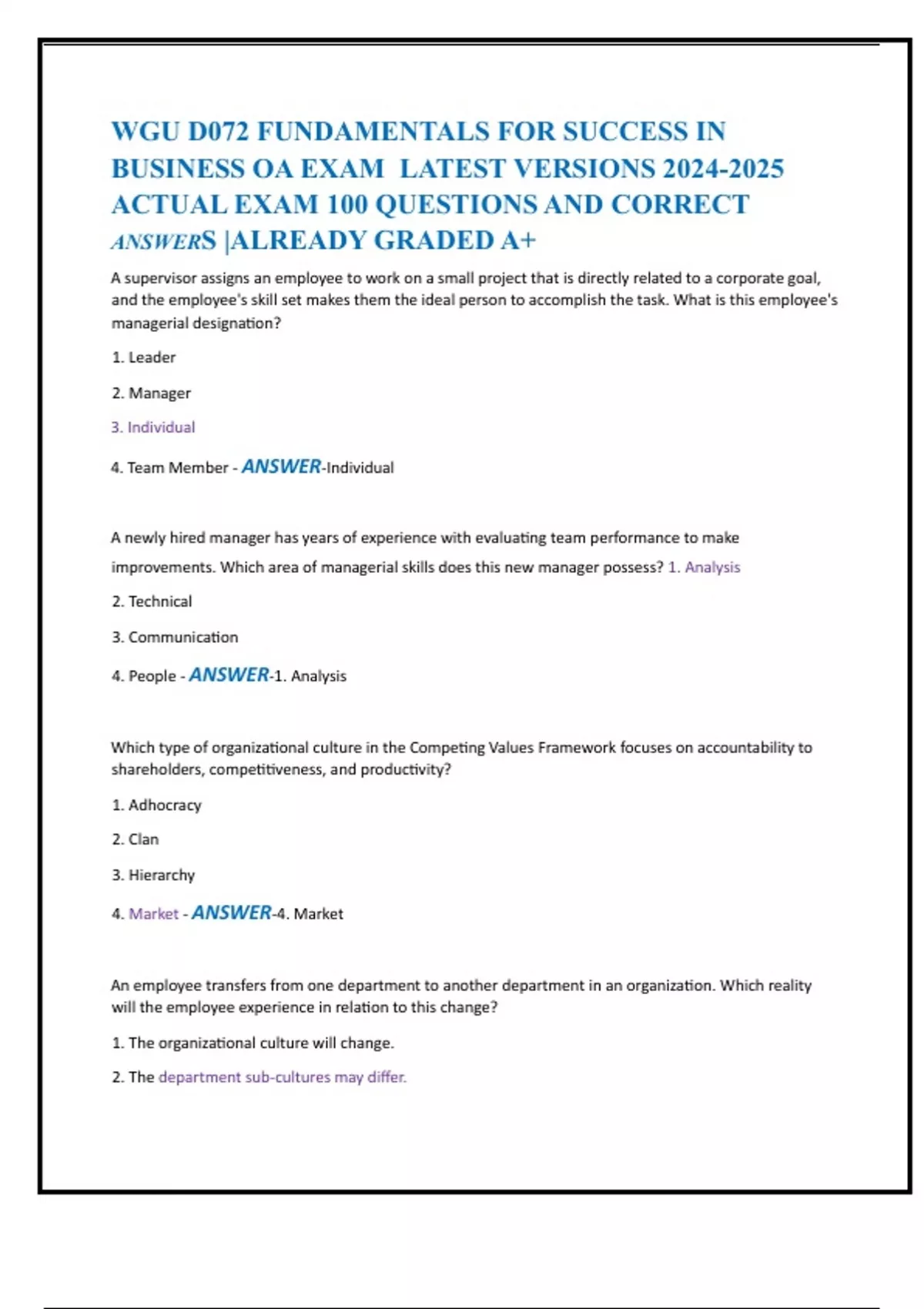 WGU D072 FUNDAMENTALS FOR SUCCESS IN BUSINESS OA EXAM LATEST VERSIONS ...