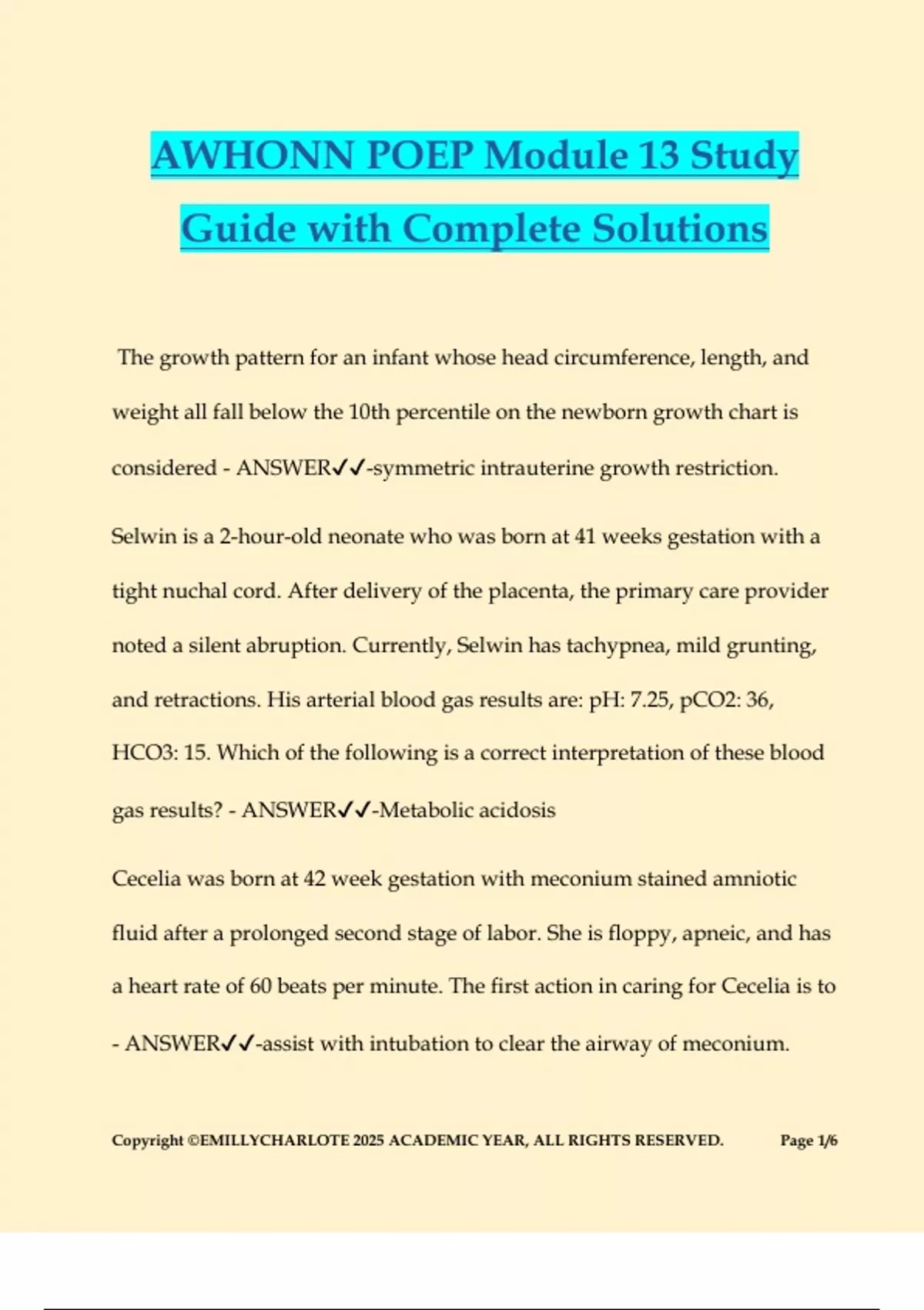AWHONN POEP Module 13 Study Guide with Complete Solutions - POEP AWHONN - Stuvia US