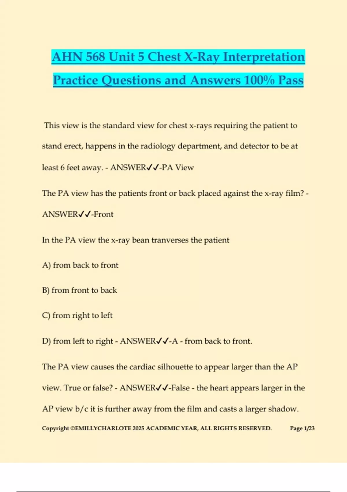AHN 568 Unit 5 Chest X-Ray Interpretation Practice Questions and ...