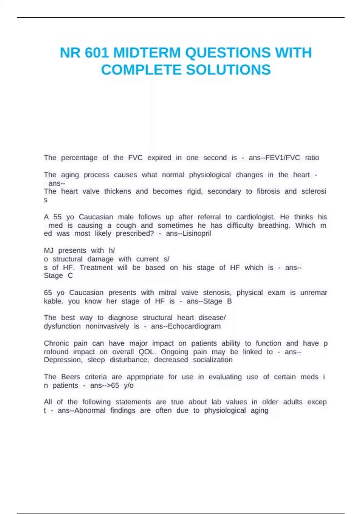 NR 601 MIDTERM QUESTIONS WITH COMPLETE SOLUTIONS - NR-601 Primary Care Of The Maturing & Aged ...