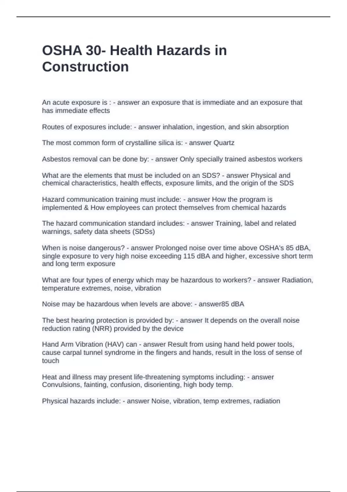 OSHA 30- Health Hazards in Construction Questions and Answers - Osha 30 ...