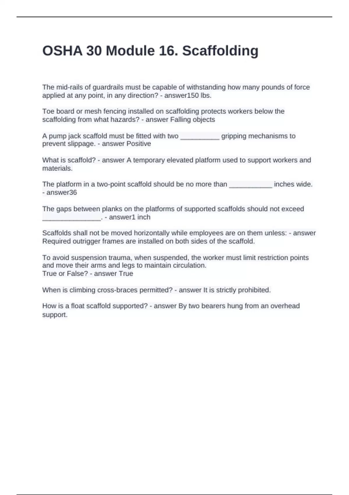 OSHA 30 Module 16. Scaffolding Questions with Solutions - Osha 30 ...