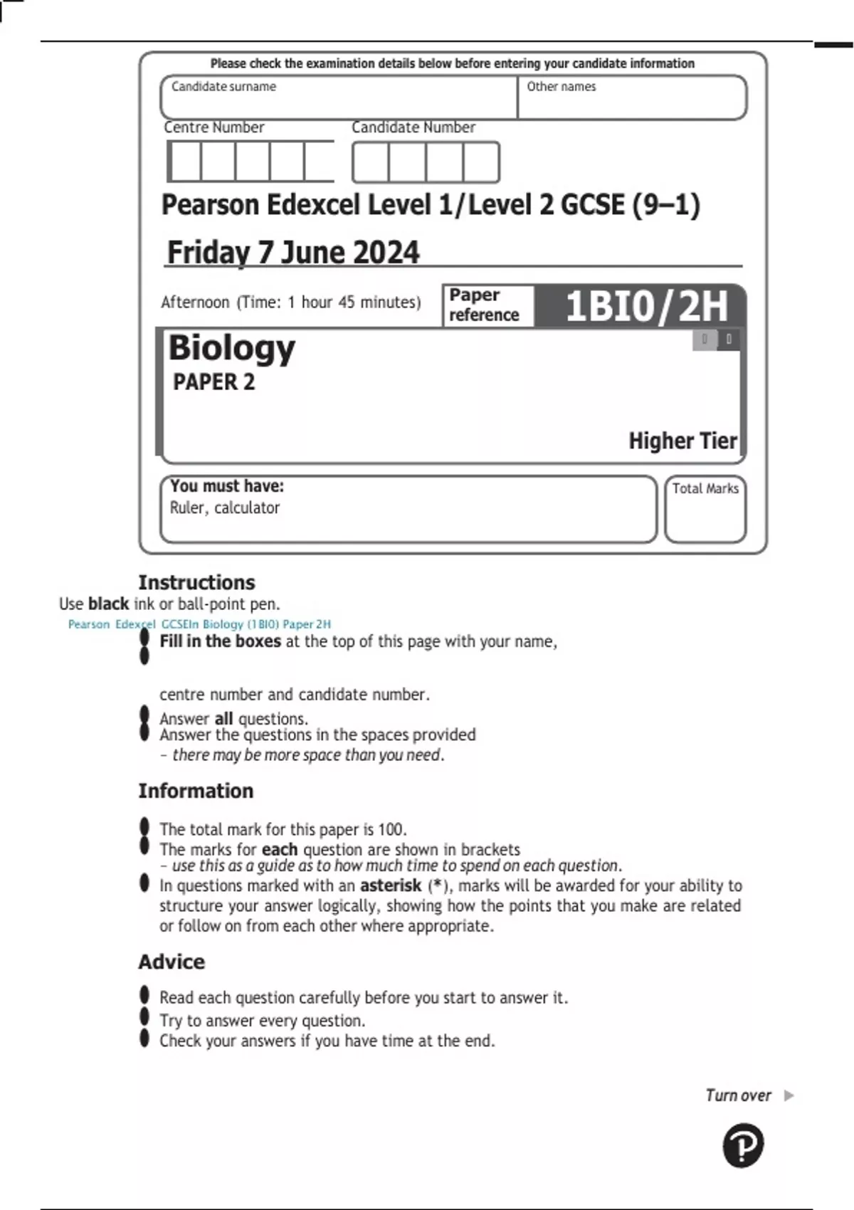 2024 Pearson Edexcel GCSE In Biology (1BI0) Paper 2H actual question ...