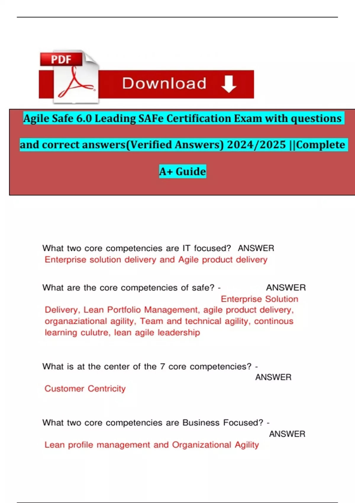 Agile Safe 6 0 Leading Safe Certification Exam With Questions And Correct Answers Verified