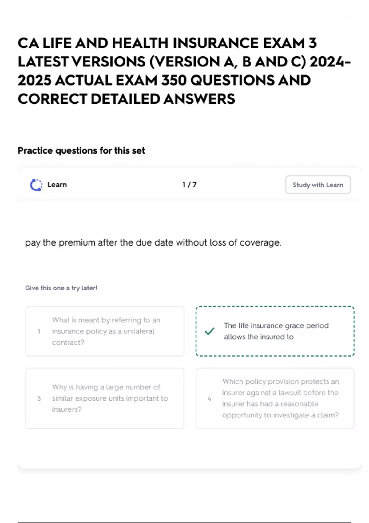 CA LIFE AND HEALTH INSURANCE EXAM 3 LATEST VERSIONS (VERSION A, B AND C ...