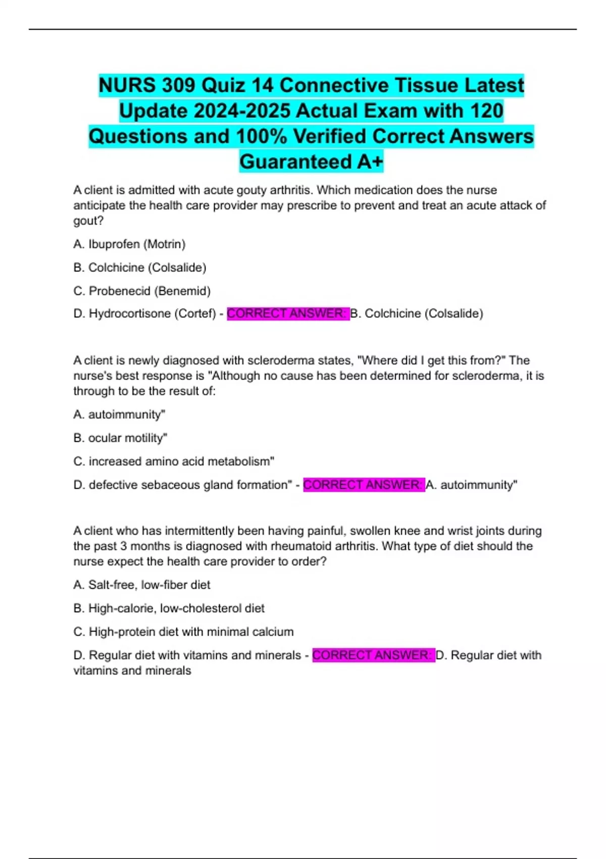 NURS 309 Quiz 14 Connective Tissue Latest Update Actual Exam with 120 ...