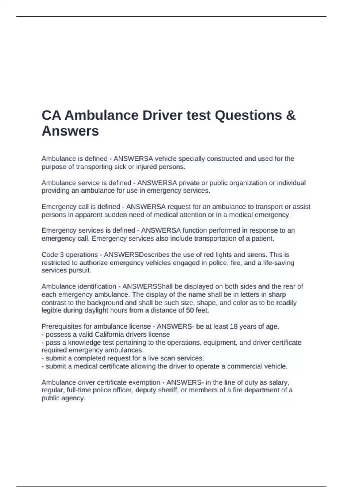 CA Ambulance Driver test Questions & Answers - CA Ambulance Driver ...