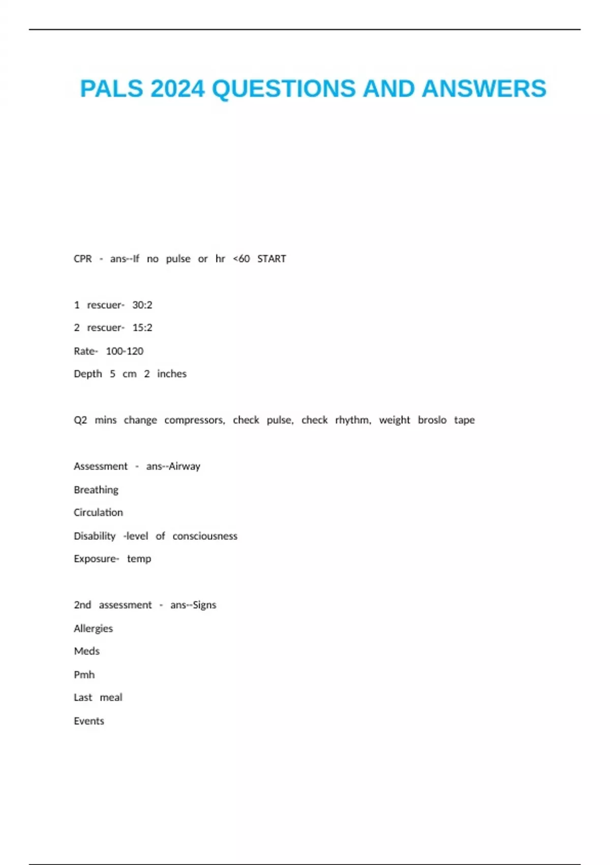 PALS 2024 QUESTIONS AND ANSWERS - PALS - Stuvia US