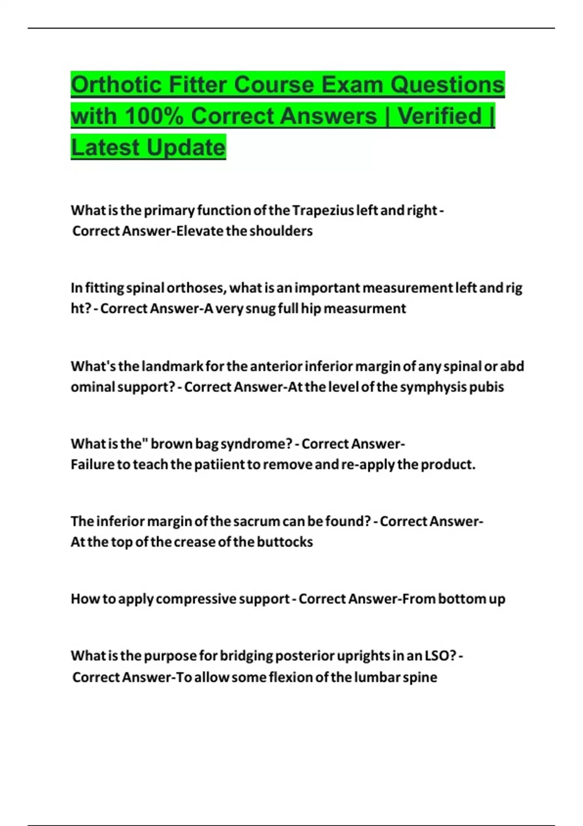 Orthotic Fitter Course Exam Questions with 100% Correct Answers ...