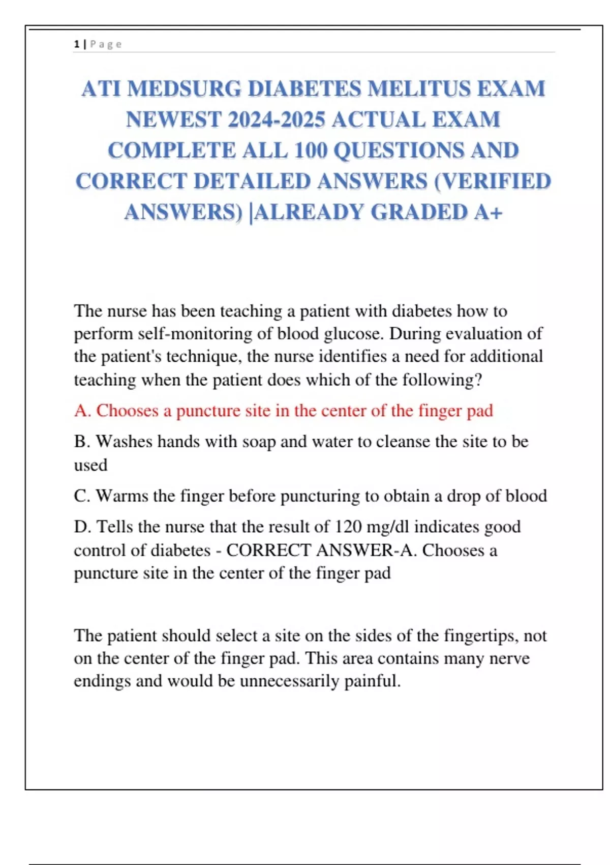 ATI MEDSURG DIABETES MELITUS EXAM NEWEST ACTUAL EXAM COMPLETE ALL 100 ...
