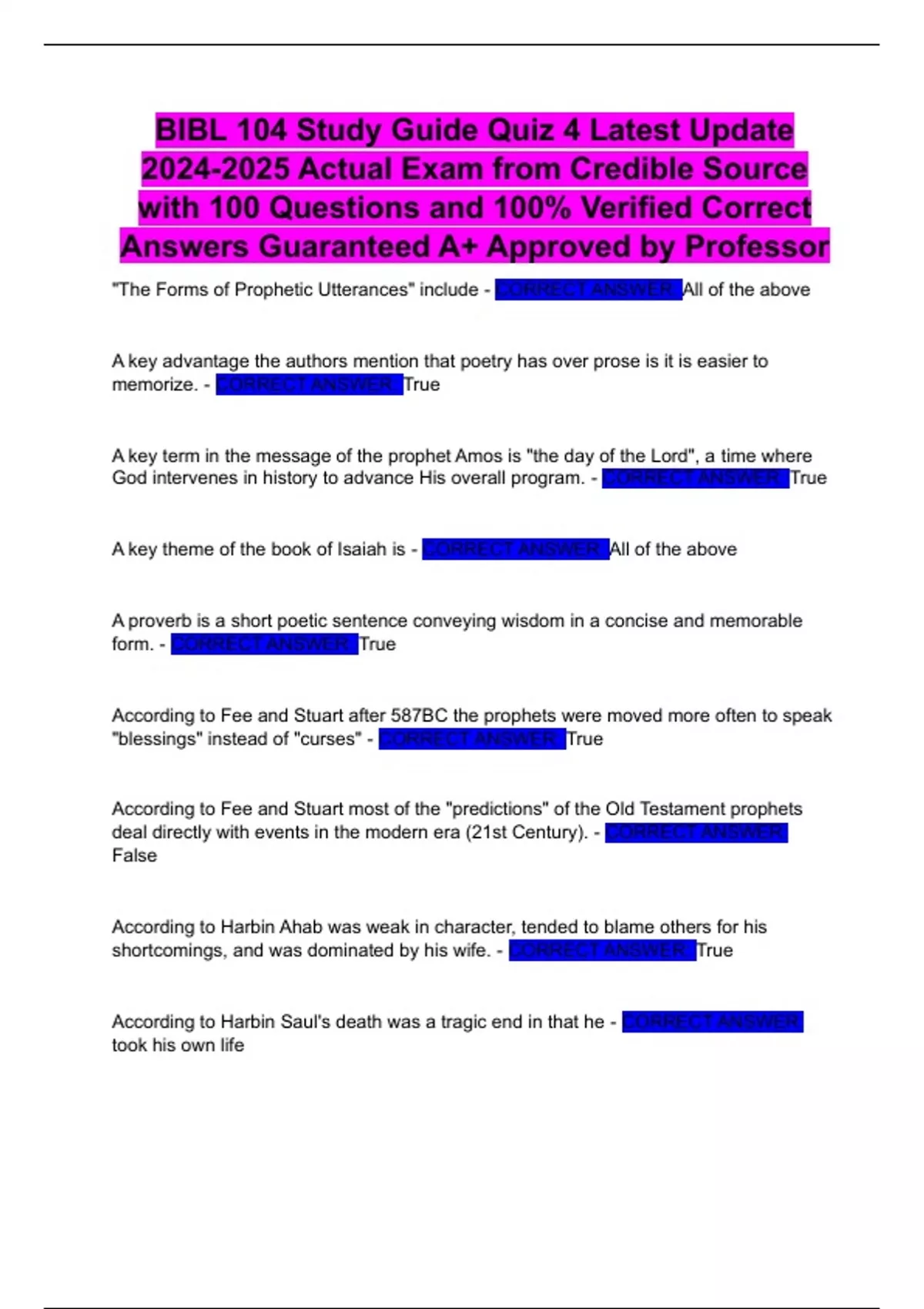 BIBL 104 Study Guide Quiz 4 Latest Update Actual Exam from Credible ...