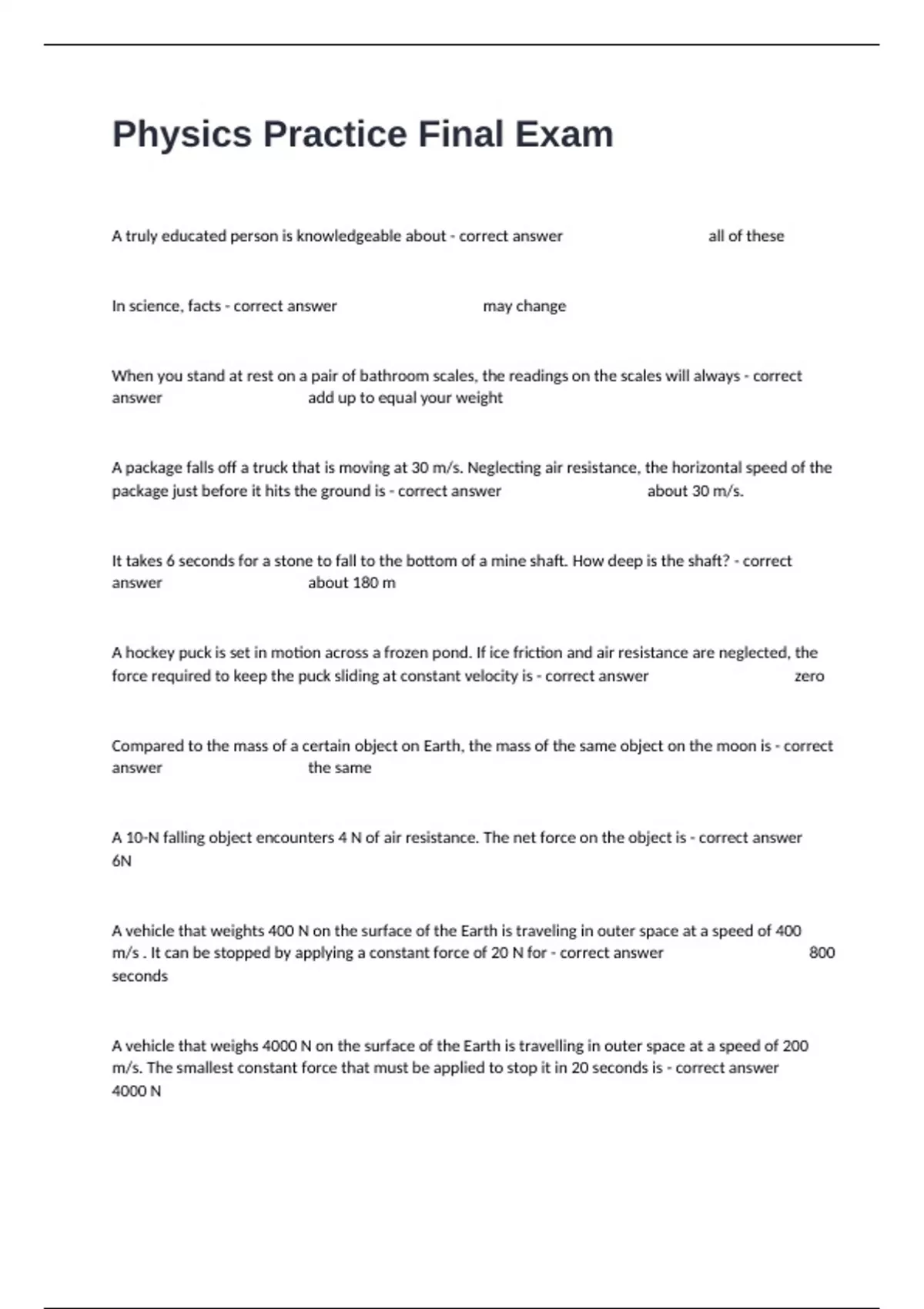 Physics Practice Final Exam Actual Questions With Correct Detailed Answers. - PHYSICS. - Stuvia US