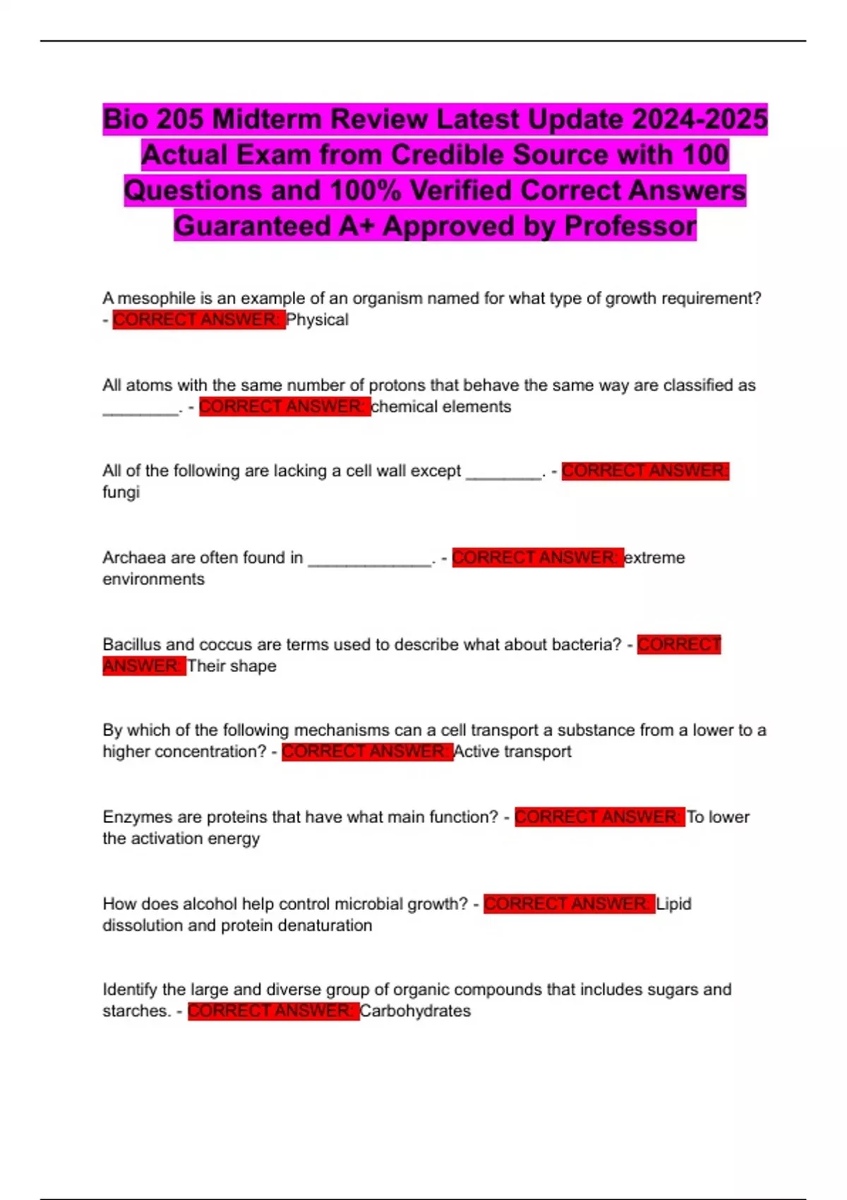 BIO-205 Microbiology Midterm Exam Latest Update Actual Exam from ...