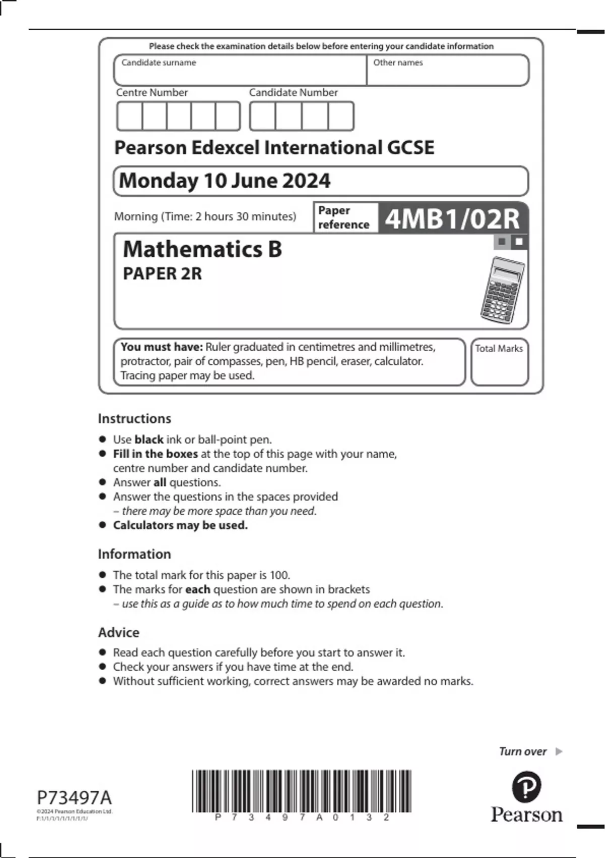 Pearson Edexcel International GCSE 4MB1/02R Mathematics B PAPER 2R QP ...
