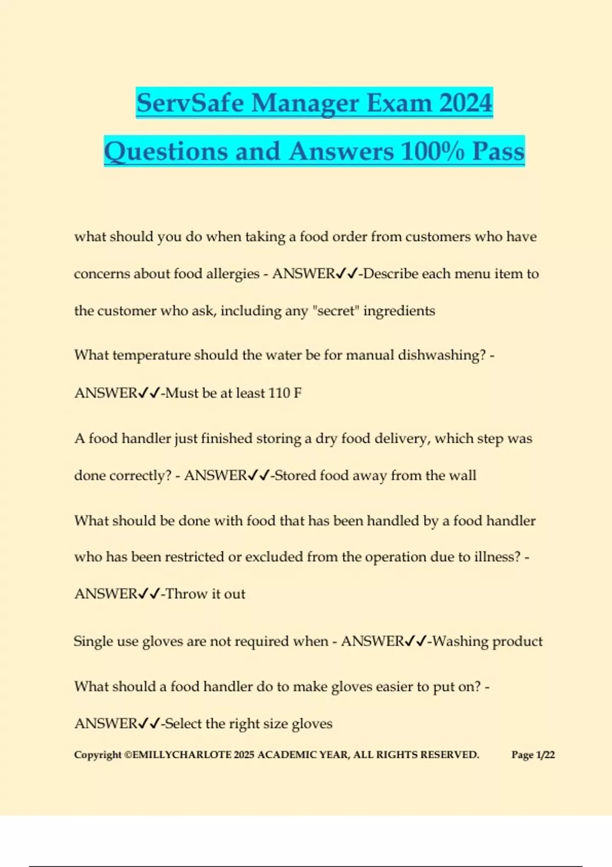 ServSafe Manager Exam 2024 Questions and Answers 100% Pass - ServSafe ...