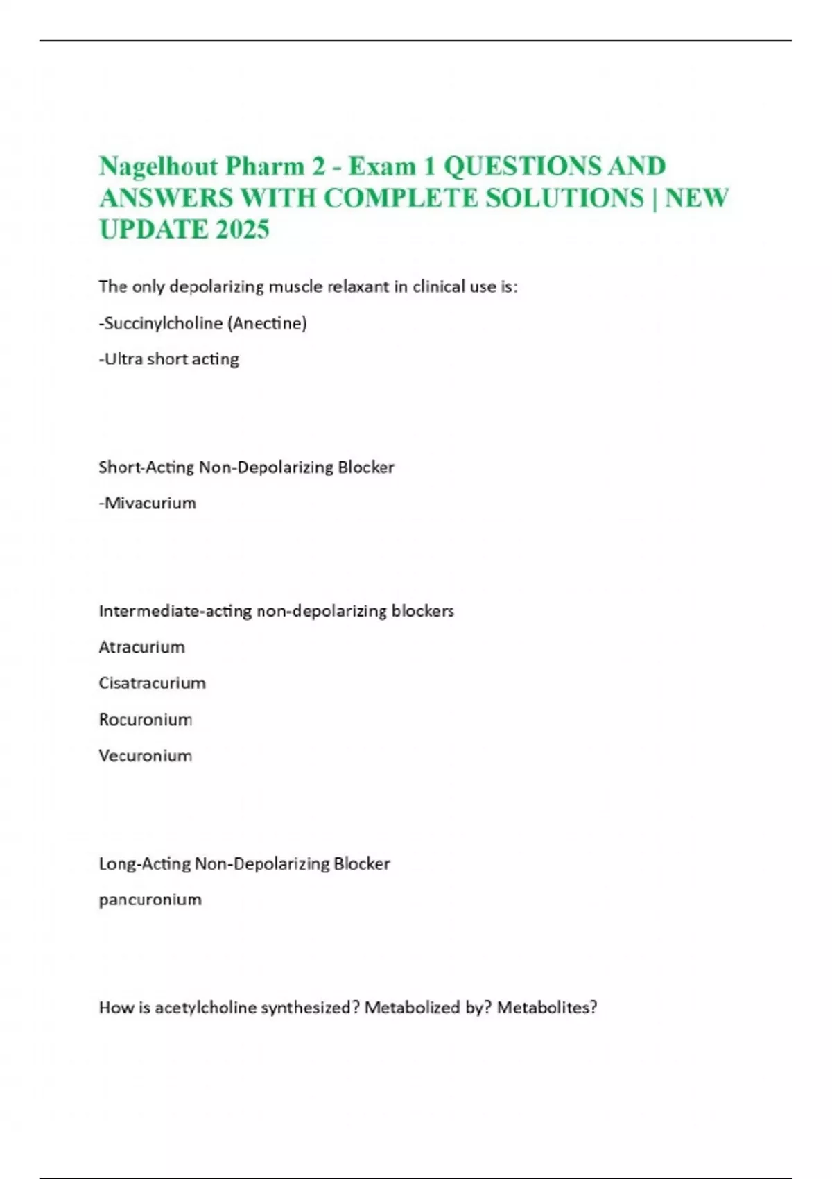 Nagelhout Pharm 2 - Exam 1 QUESTIONS AND ANSWERS WITH COMPLETE ...