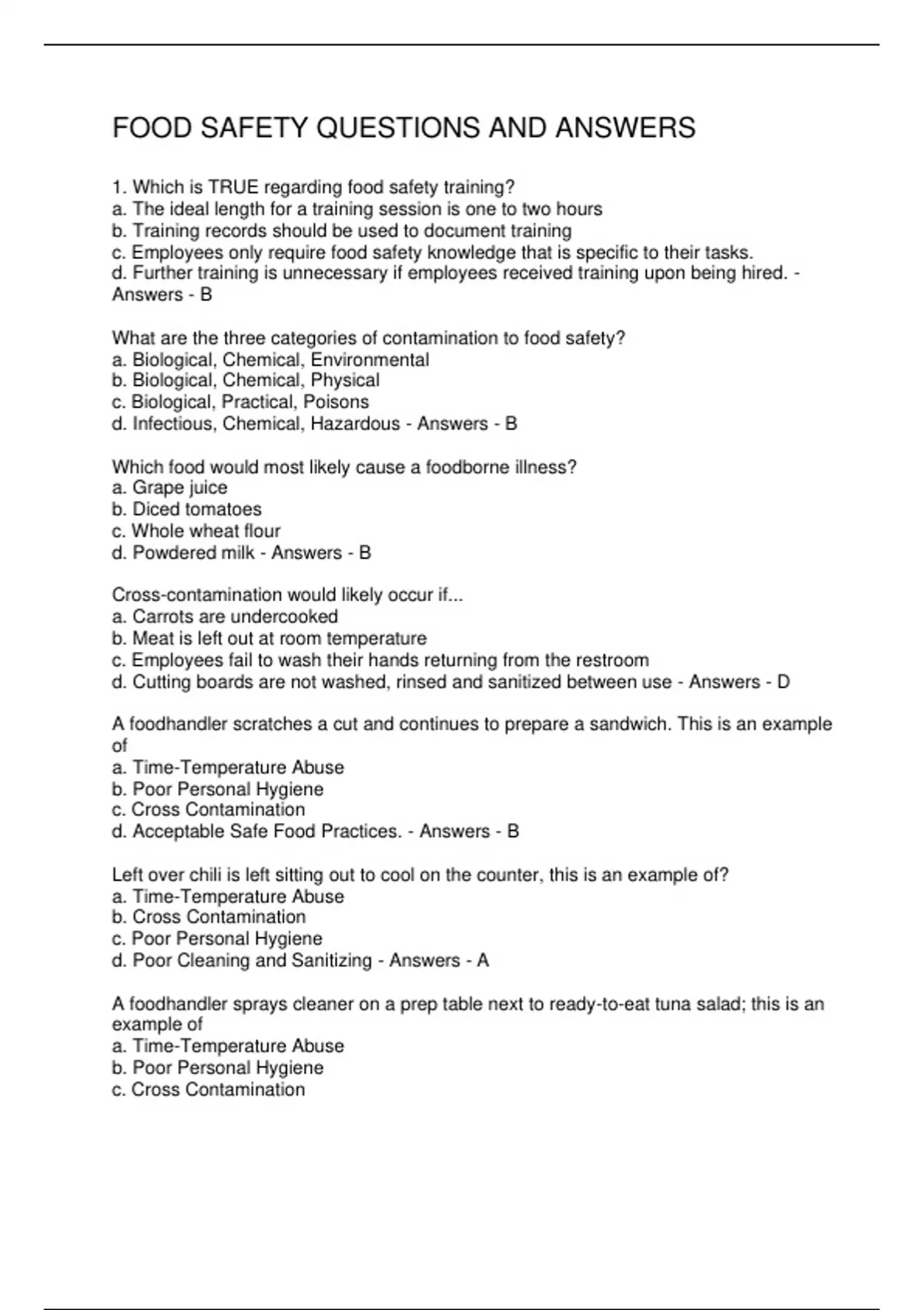 FOOD SAFETY QUESTIONS AND ANSWERS - WALMART- FOOD CERT - Stuvia US