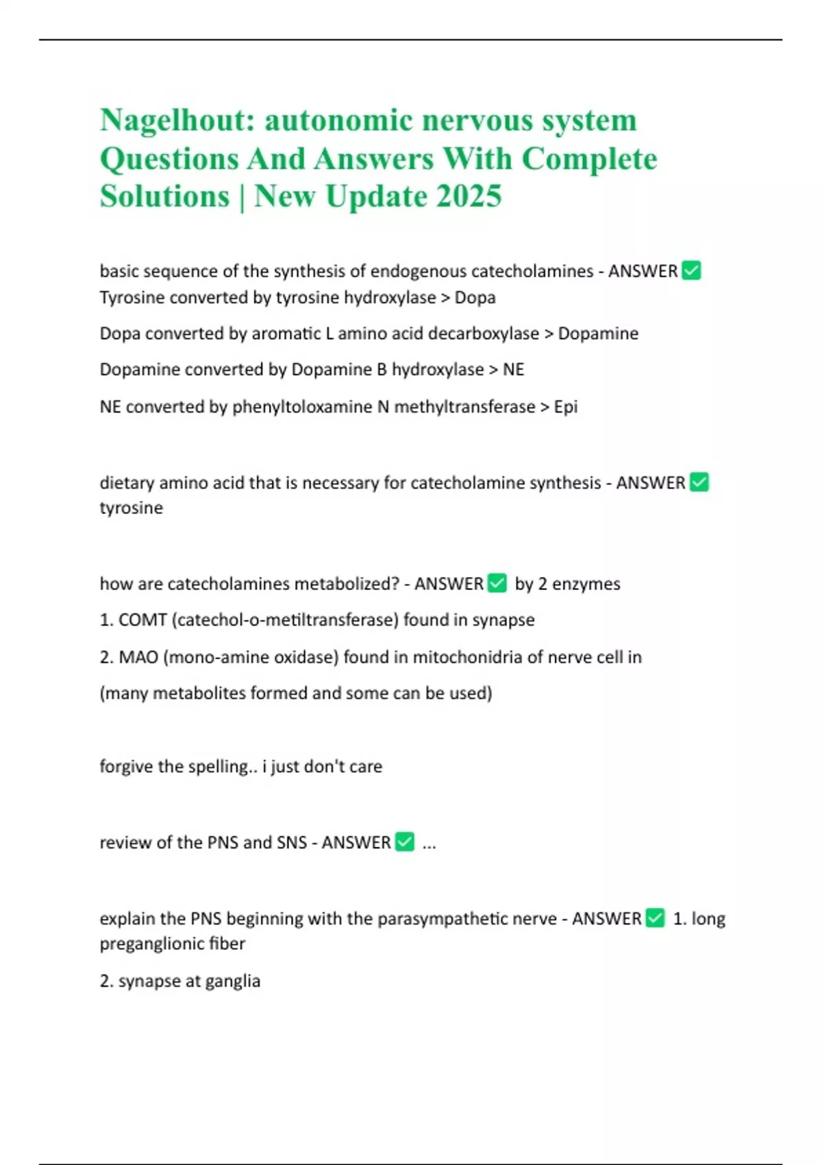 Nagelhout: autonomic nervous system Questions And Answers With Complete ...